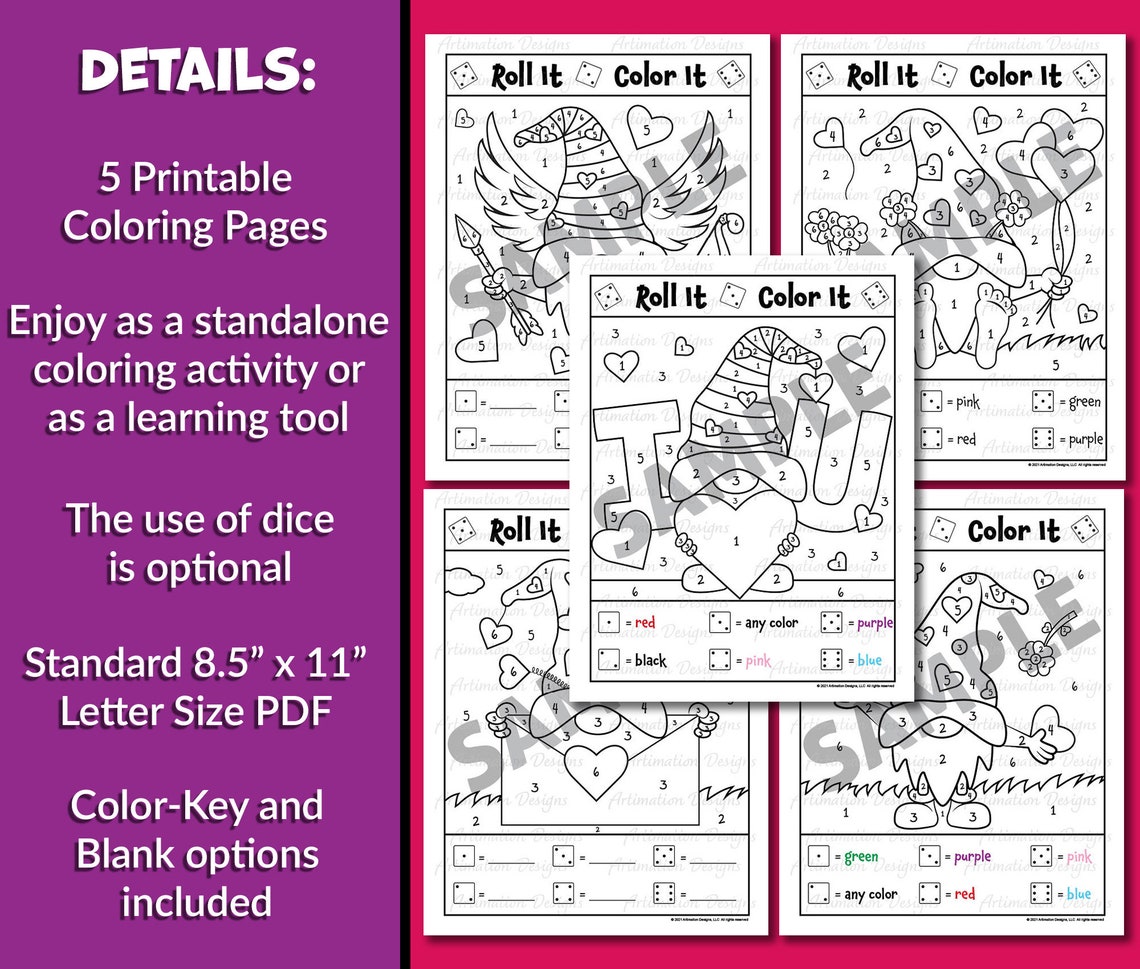 Printable Valentine Gnome Color by Number: Roll and Color Dice Game ...