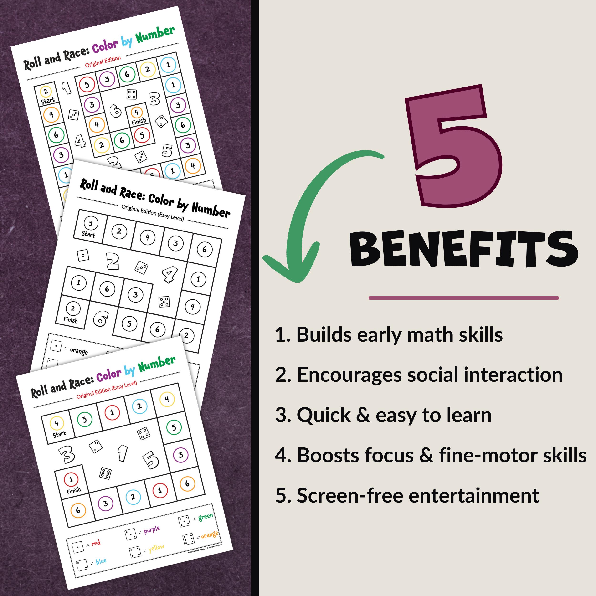 Color by Number Printable Dice Game for Kids Roll and Cover Math ...