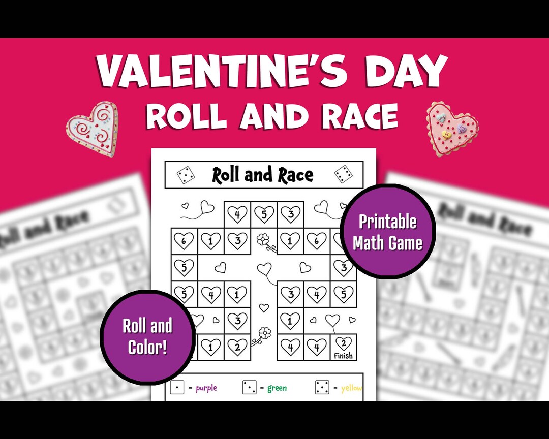 Printable Valentines Roll and Race Dice Game: Color by Number - Roll ...