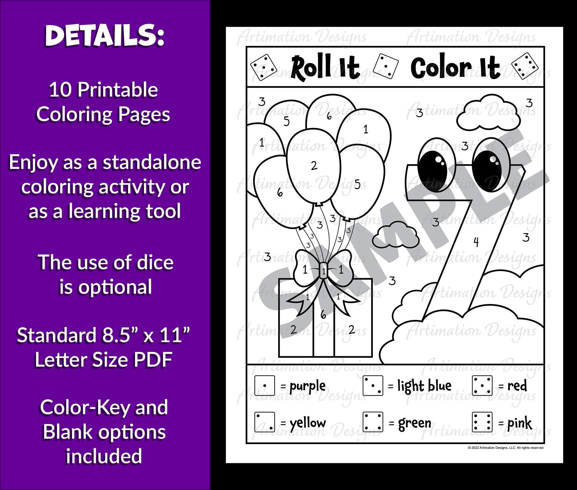 Printable Color by Number: Roll and Color Dice Game, Cute Coloring ...