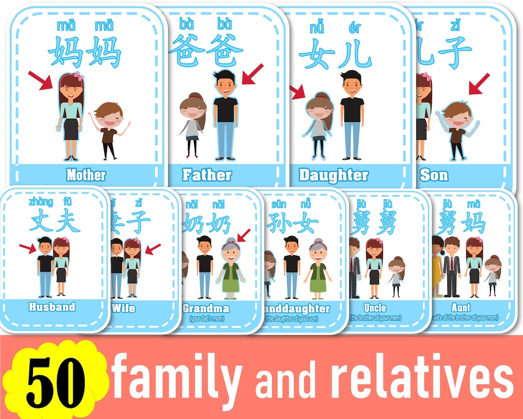 Flashcards of 50 FAMILY and Relatives Words in Chinese(pdf Digital ...