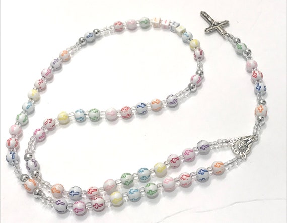 Kids Rainbow Rosary With Personalized Name and Cross Beads for - Etsy