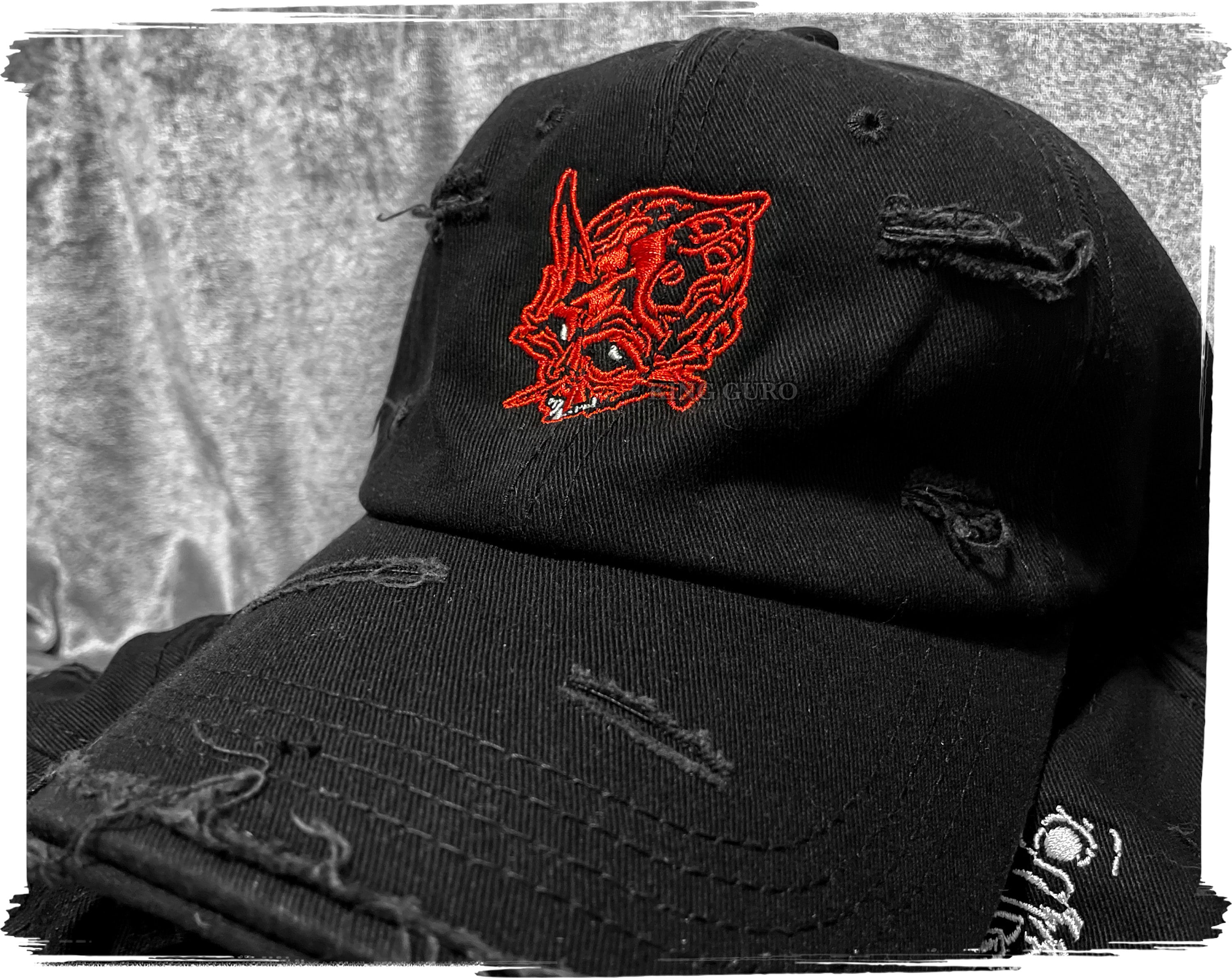 King Guro: Cursed Hat Embroidered Red Demon Skull Distressed - Etsy