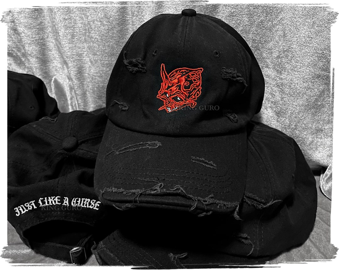 King Guro: Cursed Hat | Embroidered Red Demon Skull Distressed Ball Cap ...