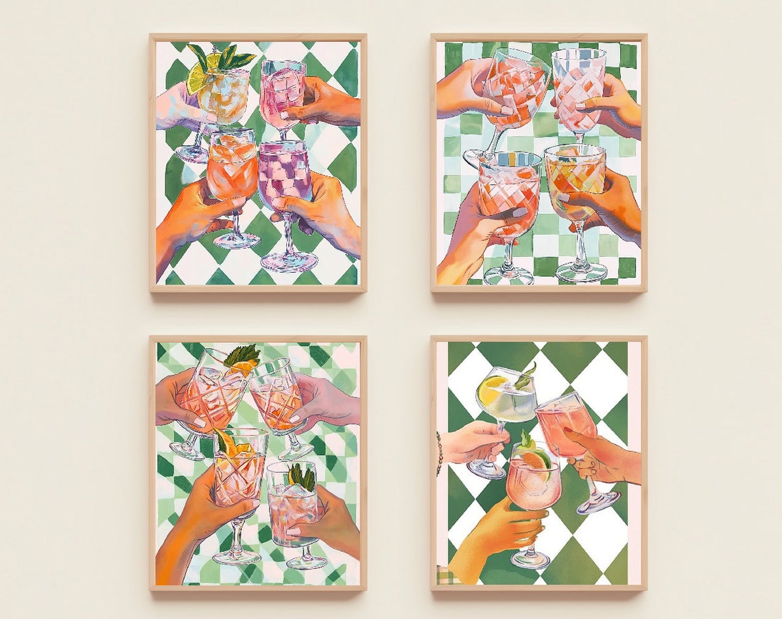 Set of 4 |cocktail Print |green Preppy Bar Cart Print |retro Trendy ...