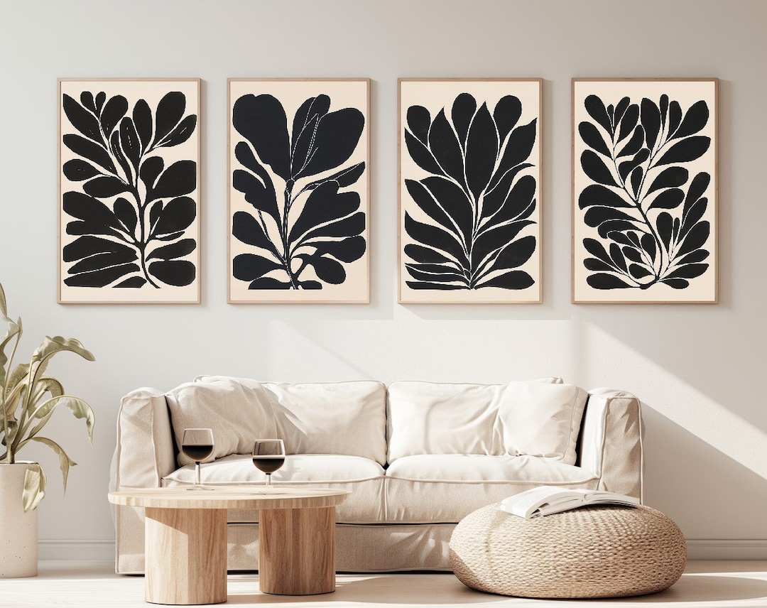 Set of 4 | Moody Botanical Art | Organic Shape Wall Art | Large ...