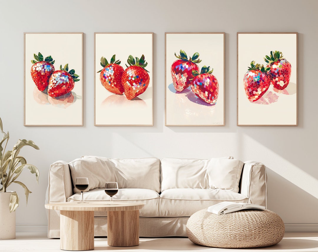 Set of 4 | Disco Strawberries Art | Glam Disco Ball Red Strawberries ...