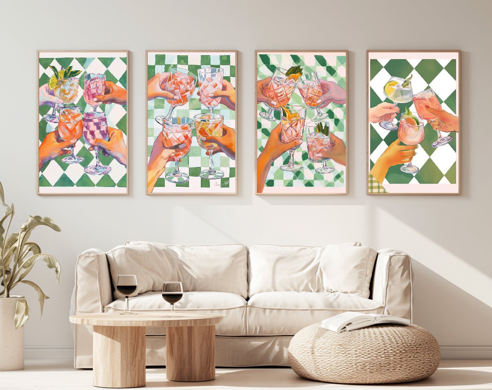 Set of 4 |cocktail Print |green Preppy Bar Cart Print |retro Trendy ...