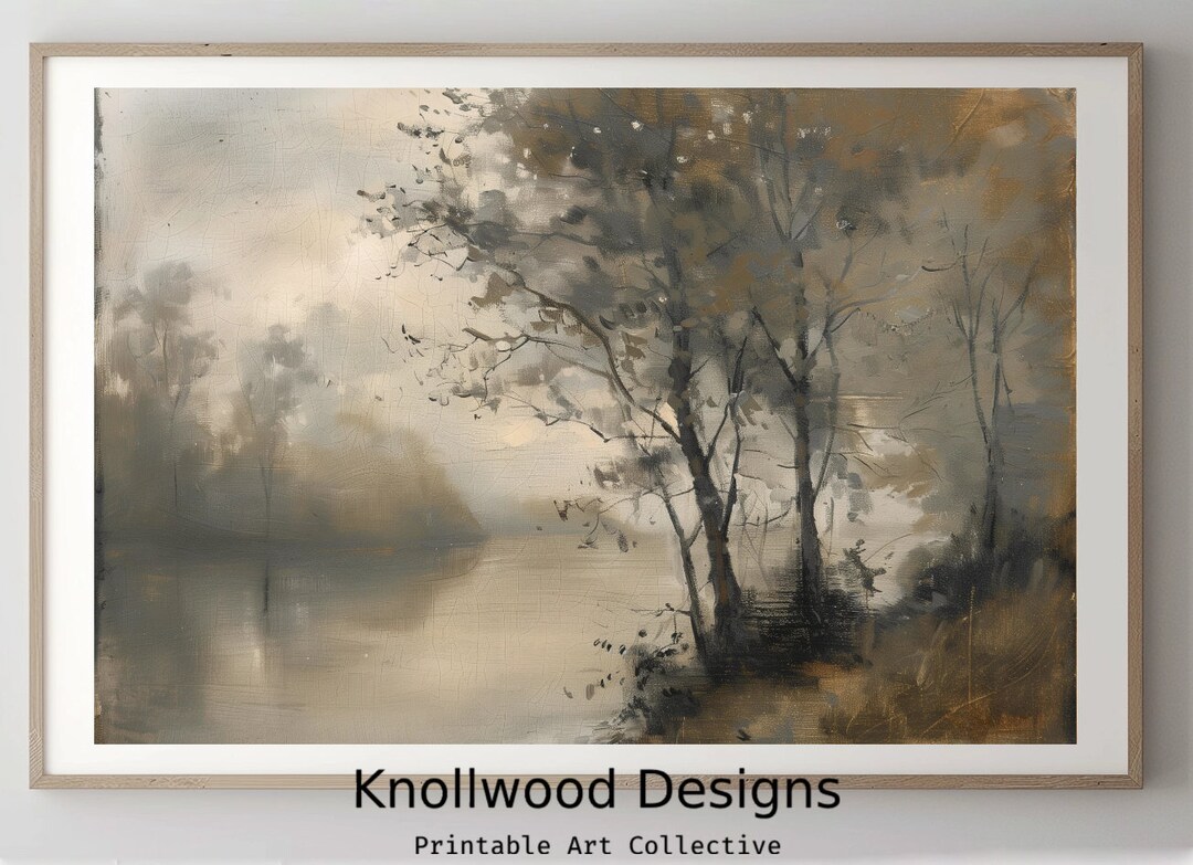 River Painting Scene | Muted Green Art Landscape | Riverside Artwork ...
