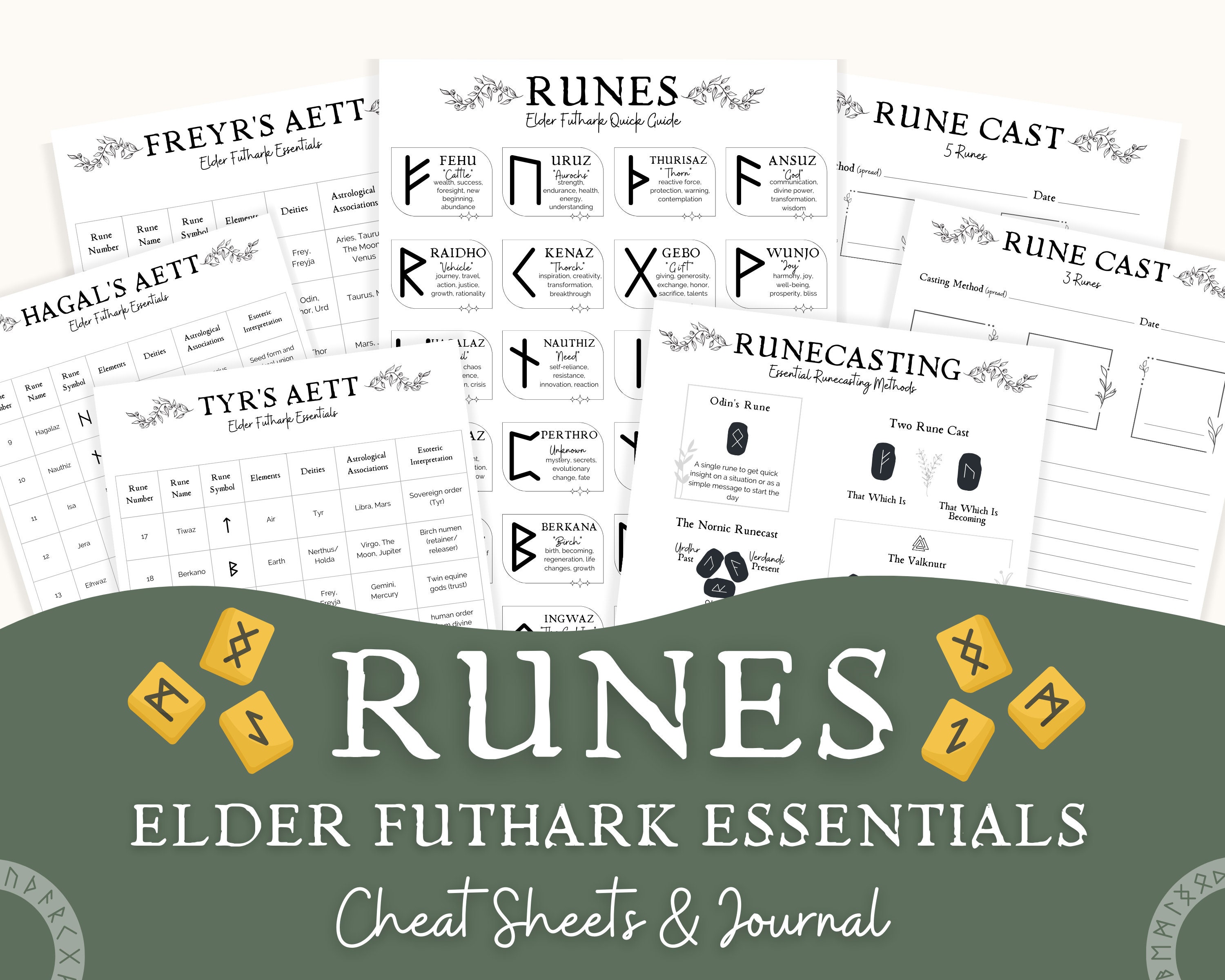 Runes Elder Futhark Essentials Cheat Sheets and Journal, Rune Meanings ...