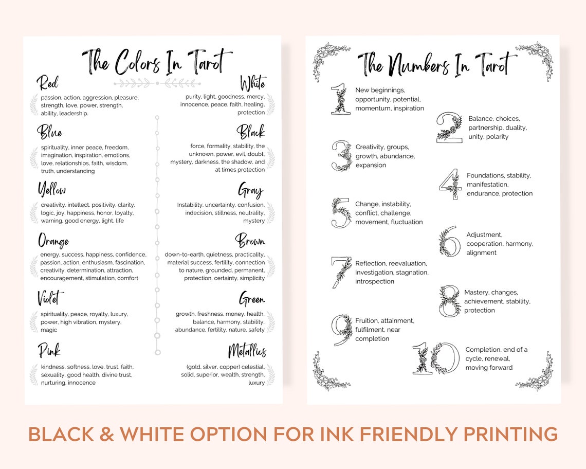 Tarot Colors and Numbers Cheat Sheets PDF Printable (Download Now) - Etsy
