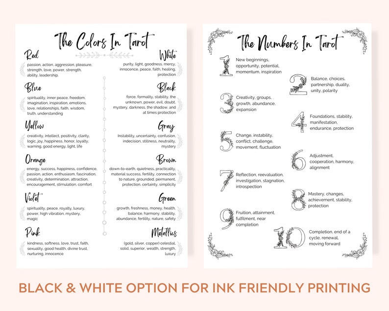 Tarot Colors and Numbers Cheat Sheets PDF Printable (Download Now) - Etsy