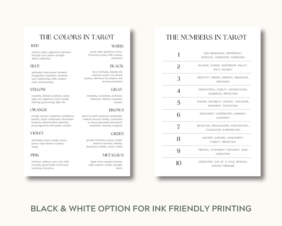 Tarot Colors and Numbers Cheat Sheets PDF Printable for Learning Tarot ...