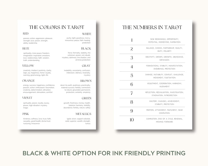 Tarot Colors and Numbers Cheat Sheets PDF Printable for Learning Tarot ...