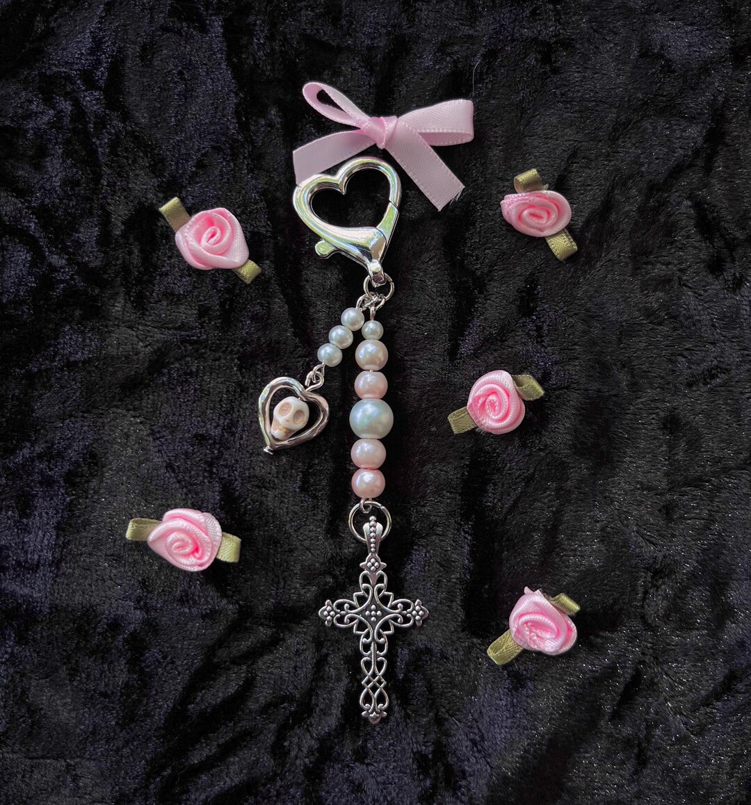 Pastel Goth Cross Keychain | Coquette Skull Keychain - Etsy