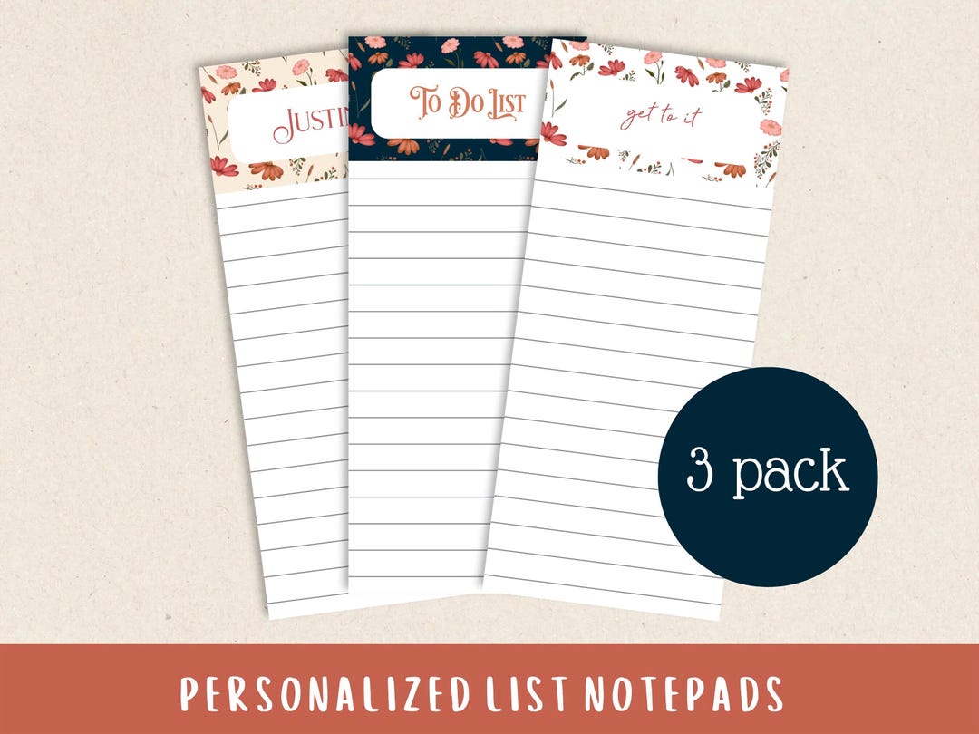 3x8.5 Custom To-do Lists - Set of 3 Personalized Notepads - Floral ...