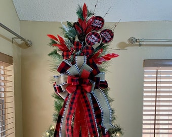 Buffalo Plaid Christmas Tree Topper, Black and Red Tree Topper Bow ...