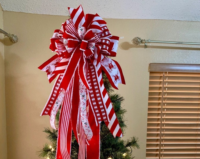 Large Tree Topper Bow, Red and White Bow, Christmas Tree Decor, Large ...