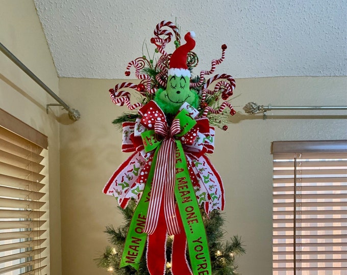 Grinch Inspired Tree Topper, Monster Head, Monster Ribbon, Christmas ...