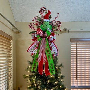 Grinch Inspired Tree Topper, Monster Head, Monster Ribbon, Christmas ...
