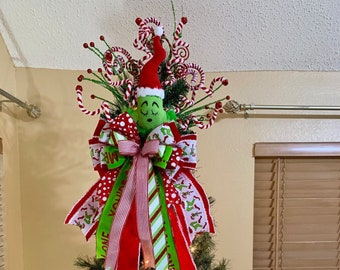 Grinch Inspired Tree Topper, Monster Head, Monster Ribbon, Christmas ...