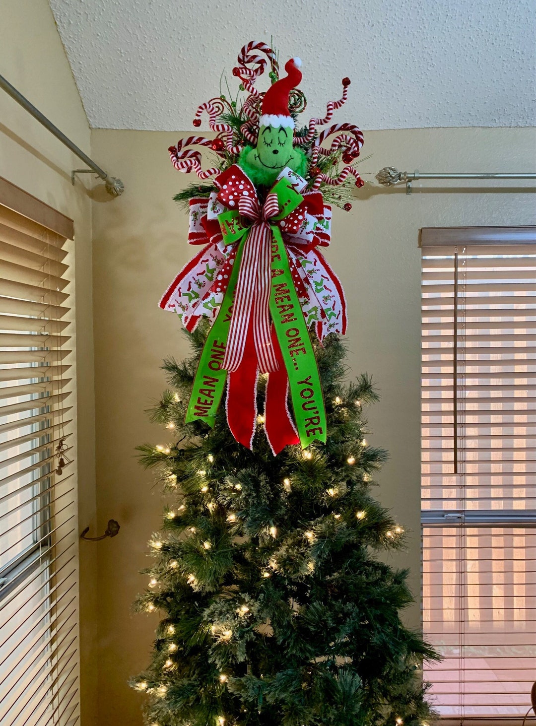 Grinch Inspired Tree Topper, Monster Head, Monster Ribbon, Christmas ...