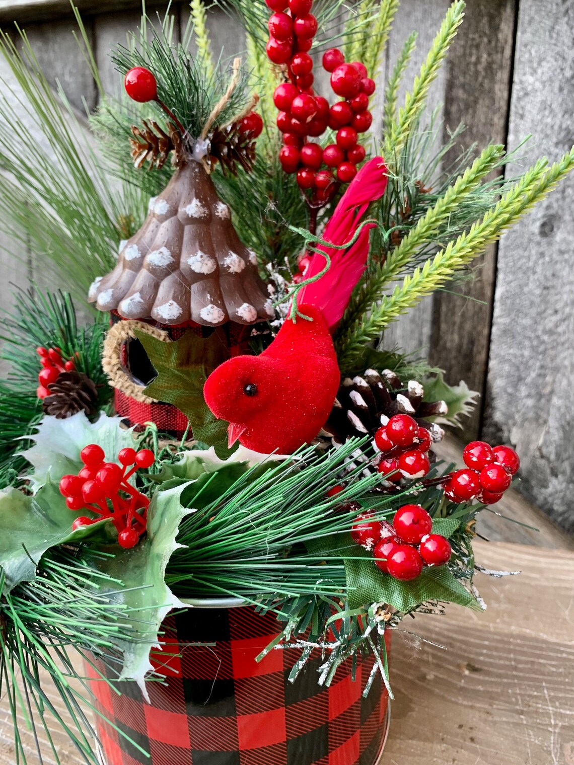 Farmhouse Christmas Centerpiece, Buffalo Plaid Arrangement, Holiday ...