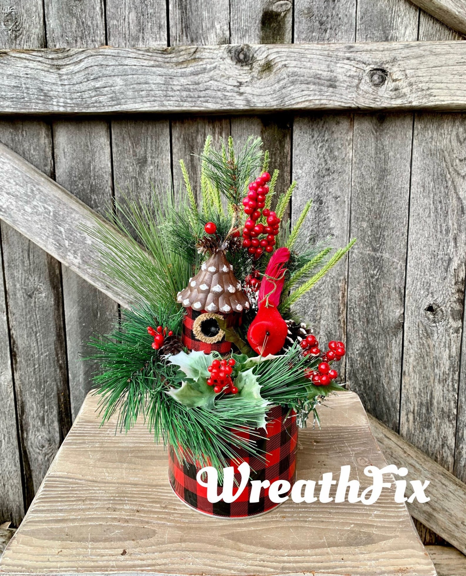 Farmhouse Christmas Centerpiece, Buffalo Plaid Arrangement, Holiday ...