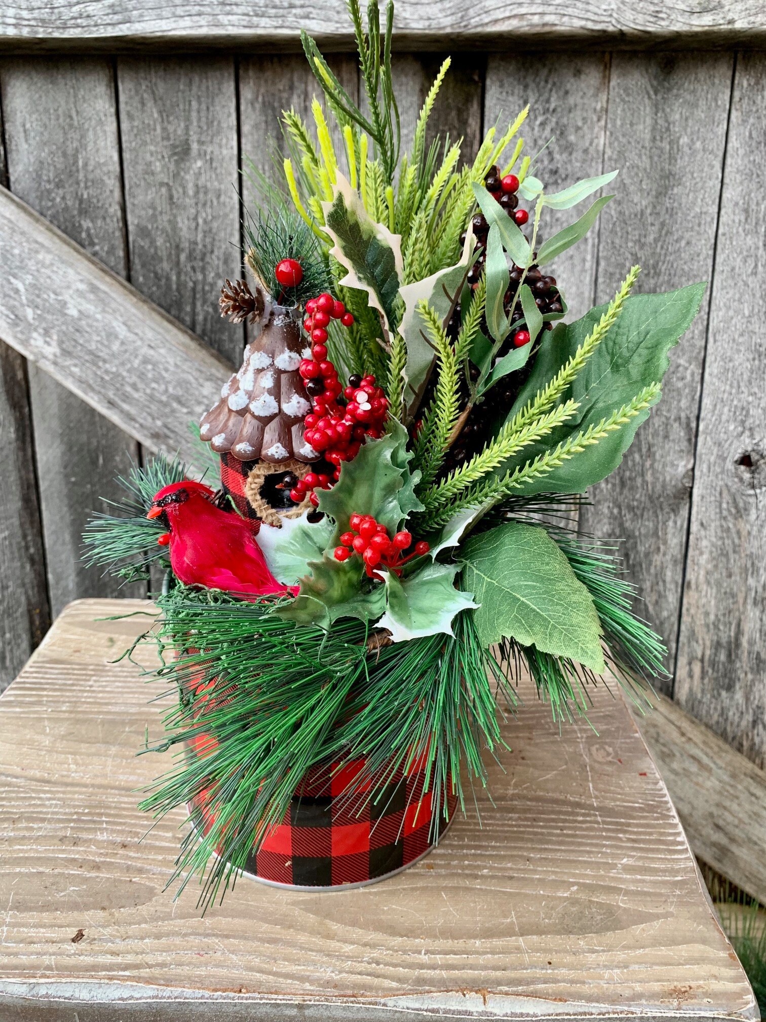 Farmhouse Christmas Centerpiece, Buffalo Plaid Arrangement, Holiday ...