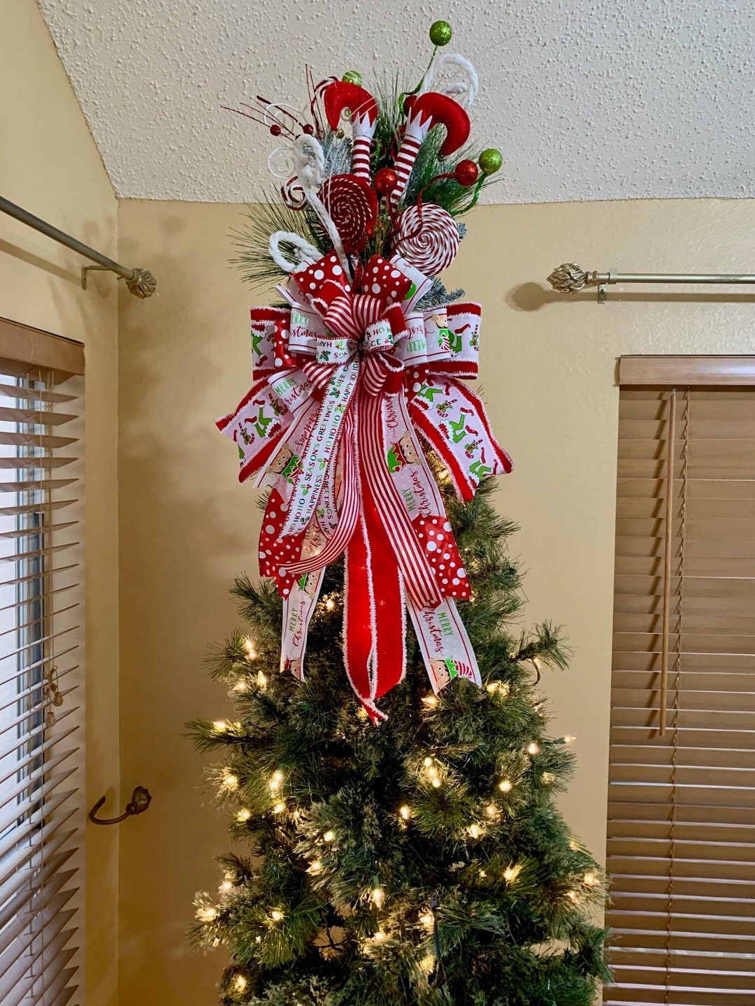 Elf Tree Topper, Elf Legs, Christmas Tree Decor, Grinch Like Ribbon ...