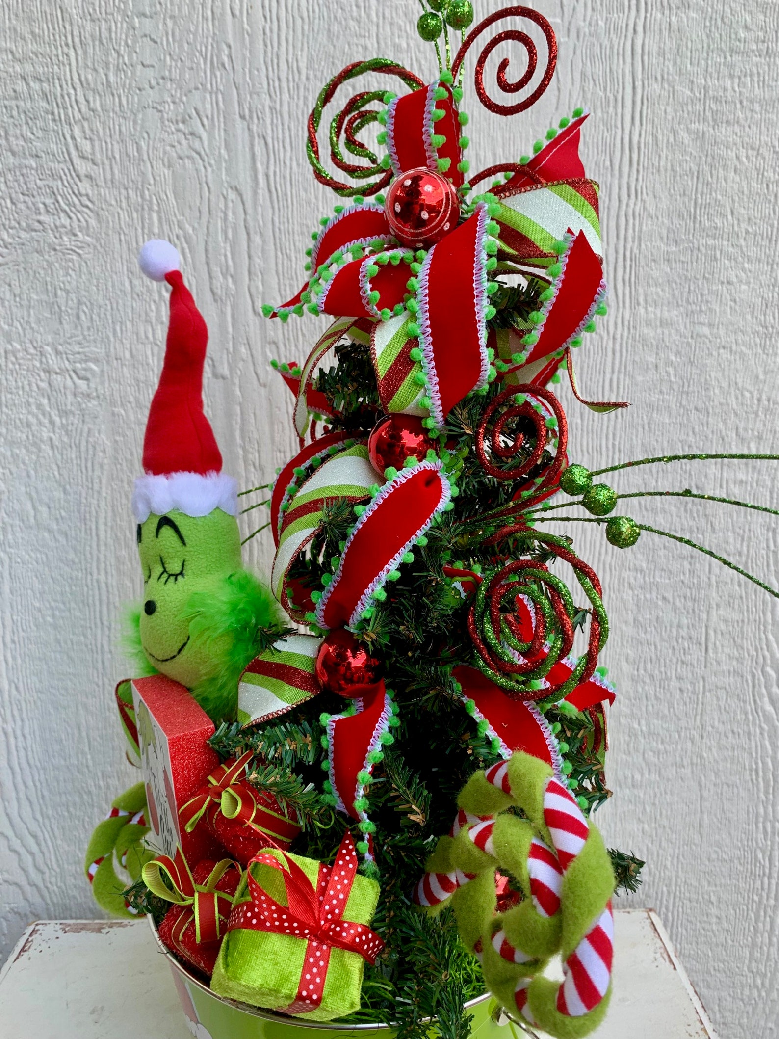 Grinch Inspired Centerpiece, Lighted Christmas Tree, Holiday Table ...