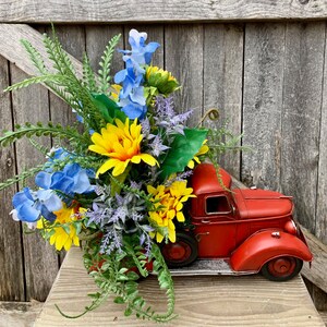 Red Truck Spring Arrangement, Sunflower, Bluebonnets, Table Decor ...