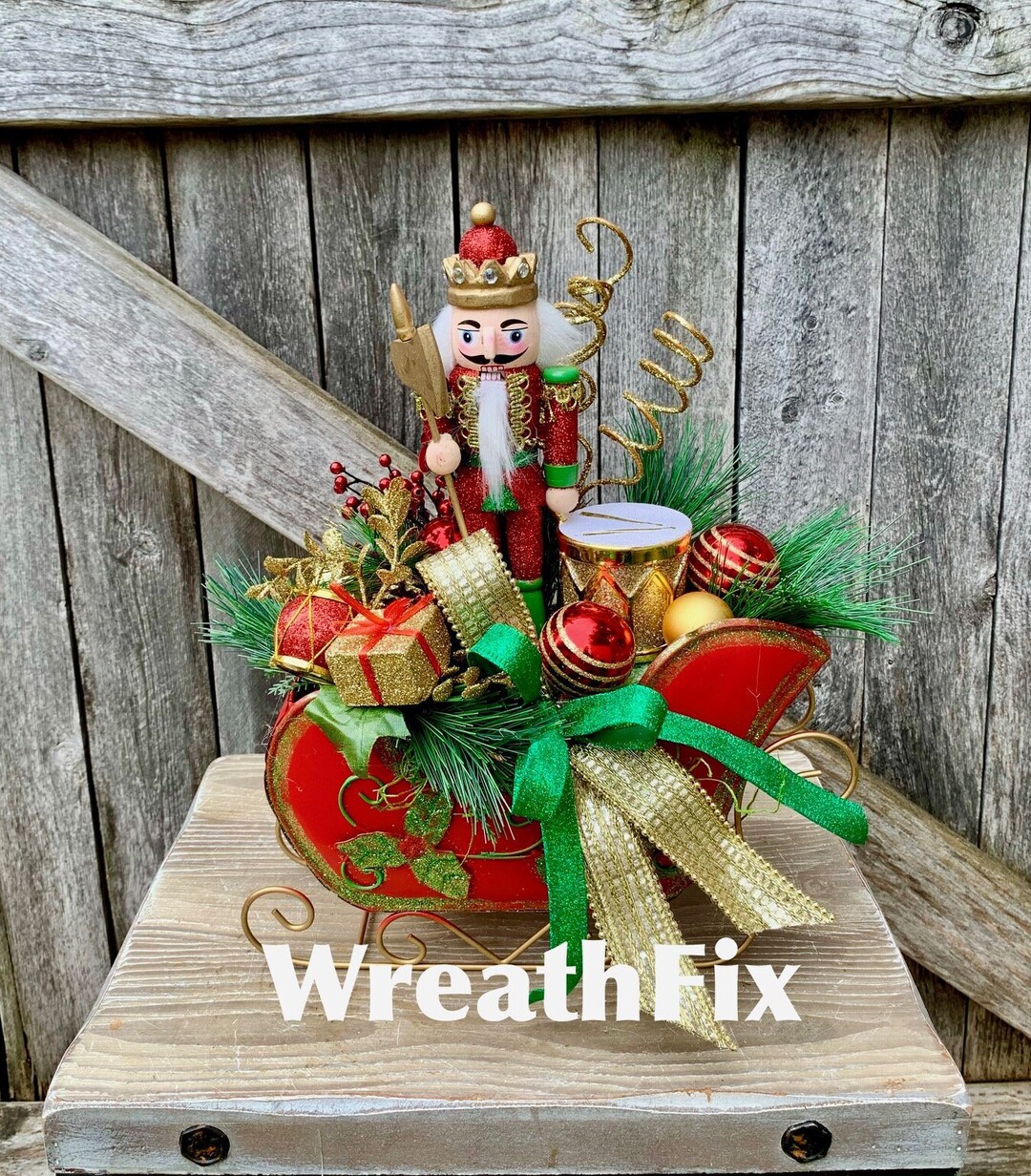 Small Nutcracker Arrangement, Sleigh Centerpiece, Christmas Arrangement, Small Centerpiece ...
