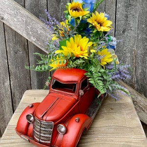 Red Truck Spring Arrangement, Sunflower, Bluebonnets, Table Decor ...