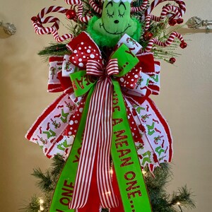 Grinch Inspired Tree Topper, Monster Head, Monster Ribbon, Christmas ...