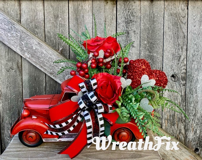Valentine Red Truck Arrangement Vintage Truck Centerpiece Red Roses