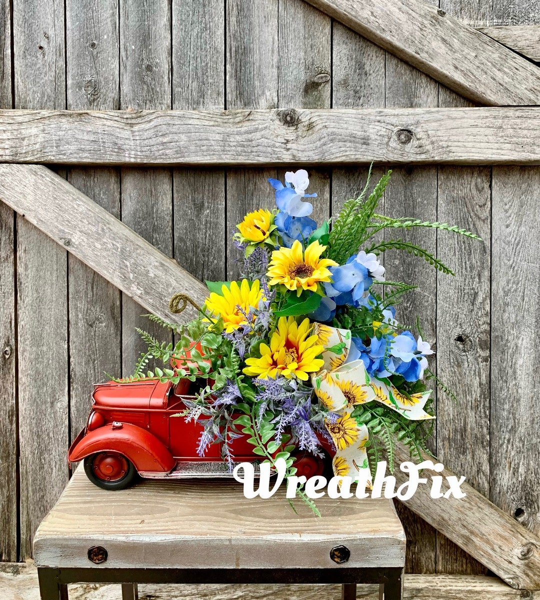 Red Truck Spring Arrangement, Sunflower, Bluebonnets, Table Decor ...