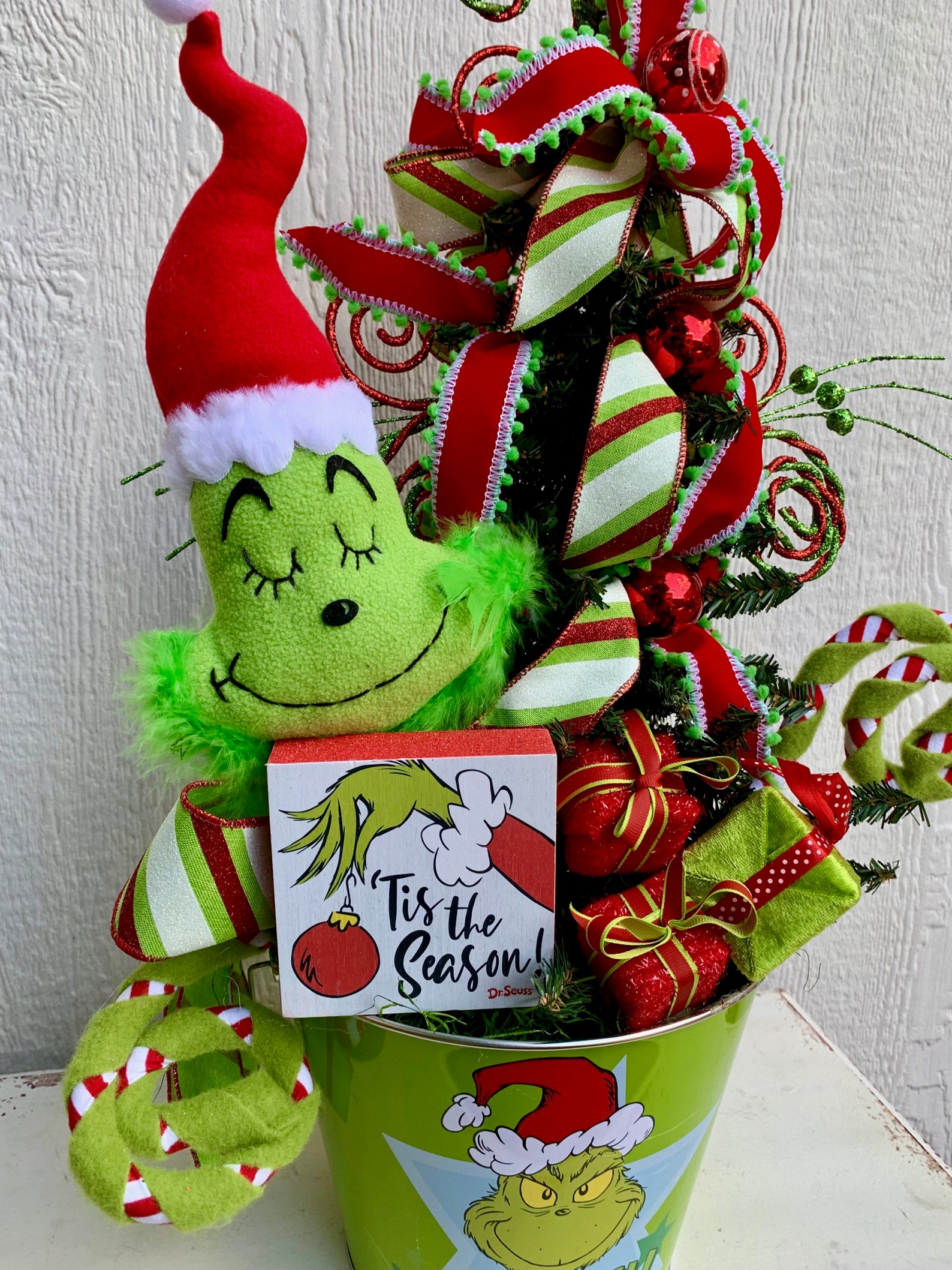 Grinch Inspired Centerpiece, Lighted Christmas Tree, Holiday Table ...