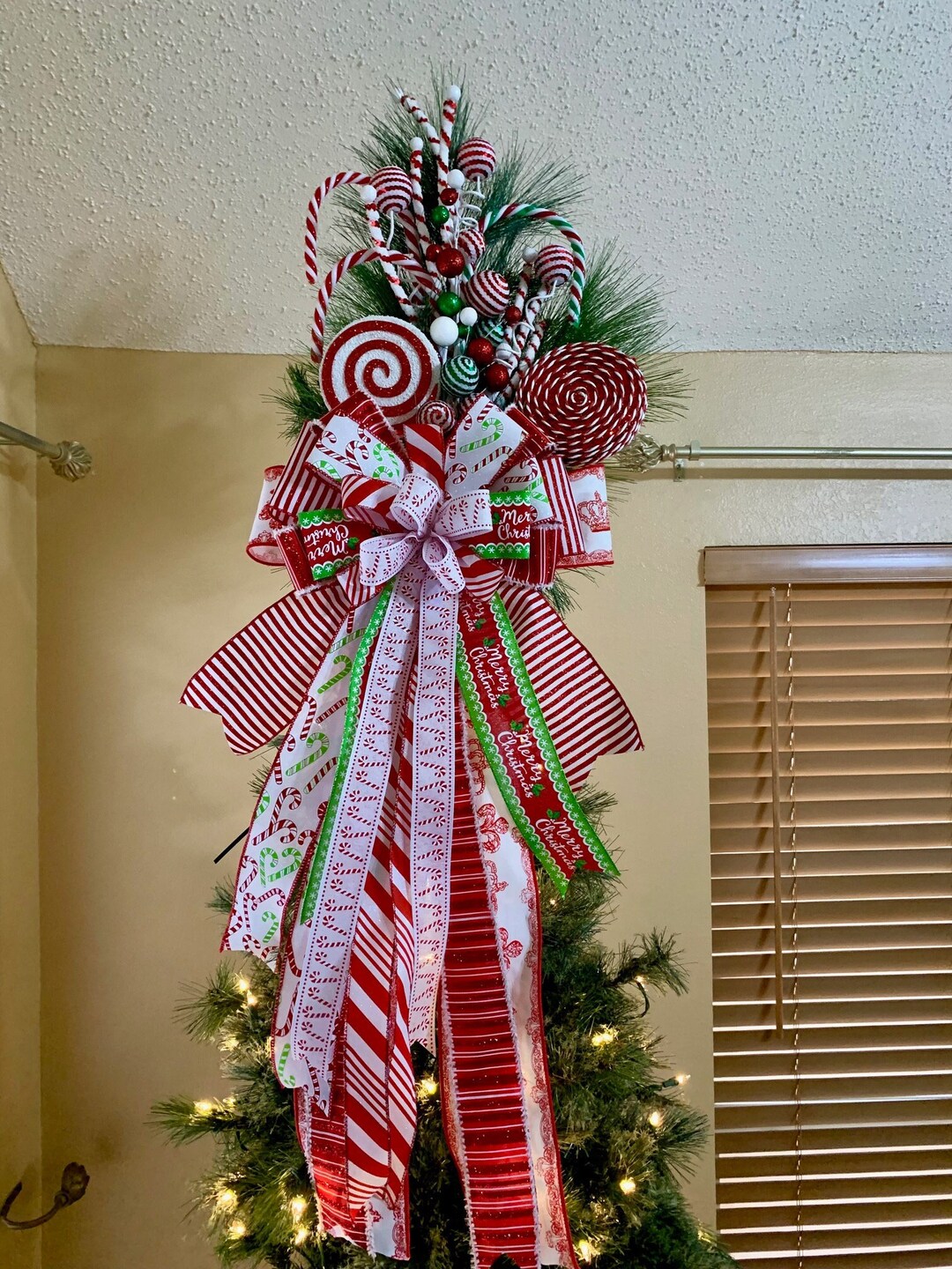 Xlarge Candy Cane Tree Topper, Large Bow, Decorated Tree Topper ...
