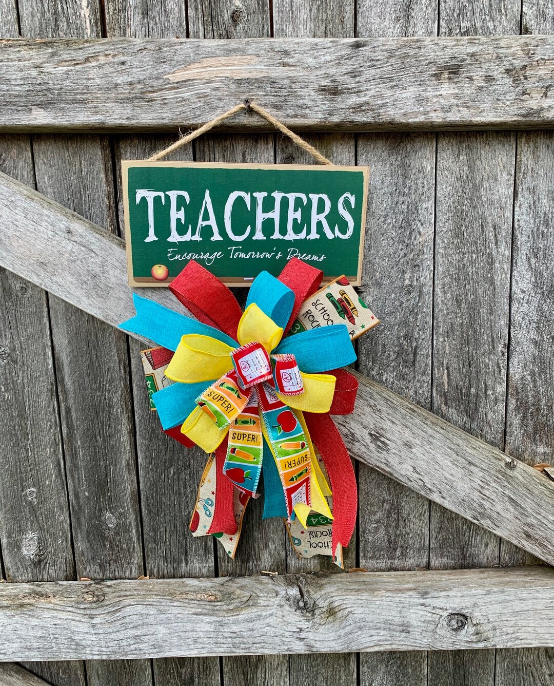 Teachers Bow and Sign Set, Wreath Bow, Welcome Wood Sign, Wreath ...