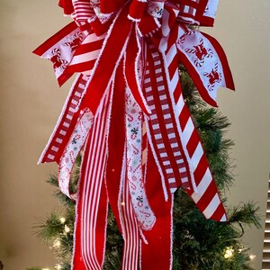 Large Tree Topper Bow, Red and White Bow, Christmas Tree Decor, Large ...