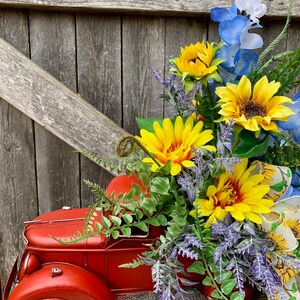 Red Truck Spring Arrangement, Sunflower, Bluebonnets, Table Decor ...