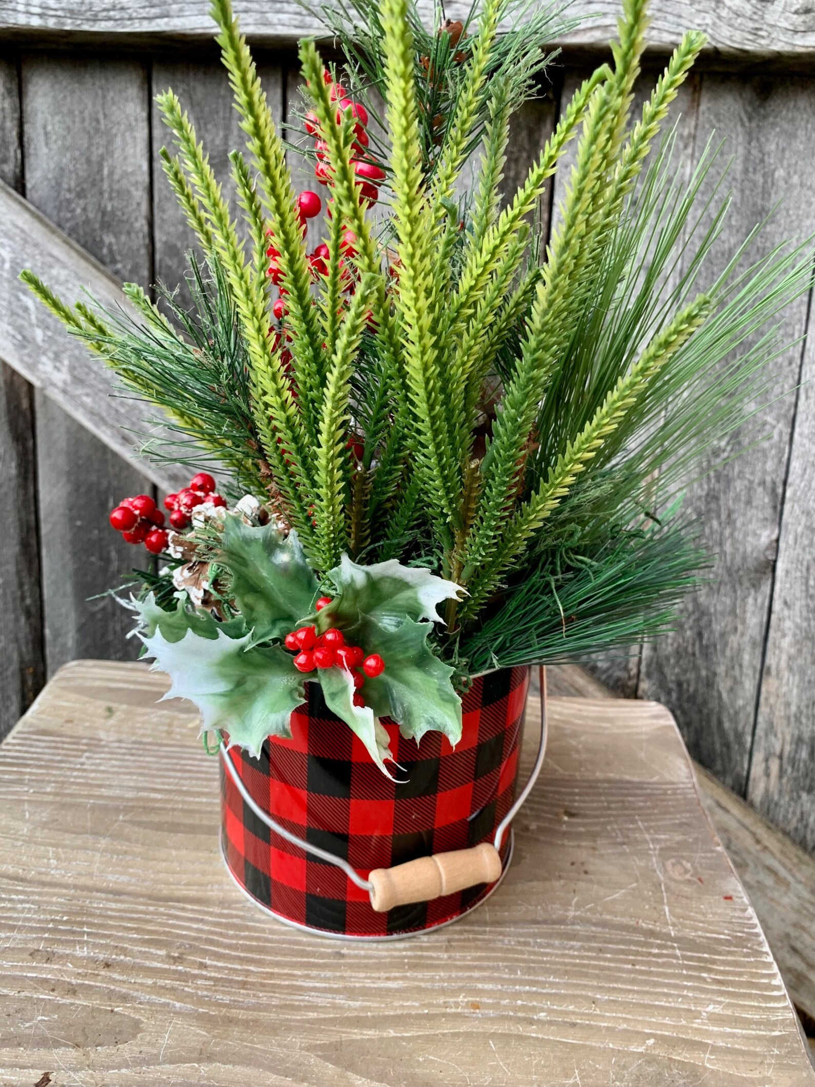 Farmhouse Christmas Centerpiece, Buffalo Plaid Arrangement, Holiday ...