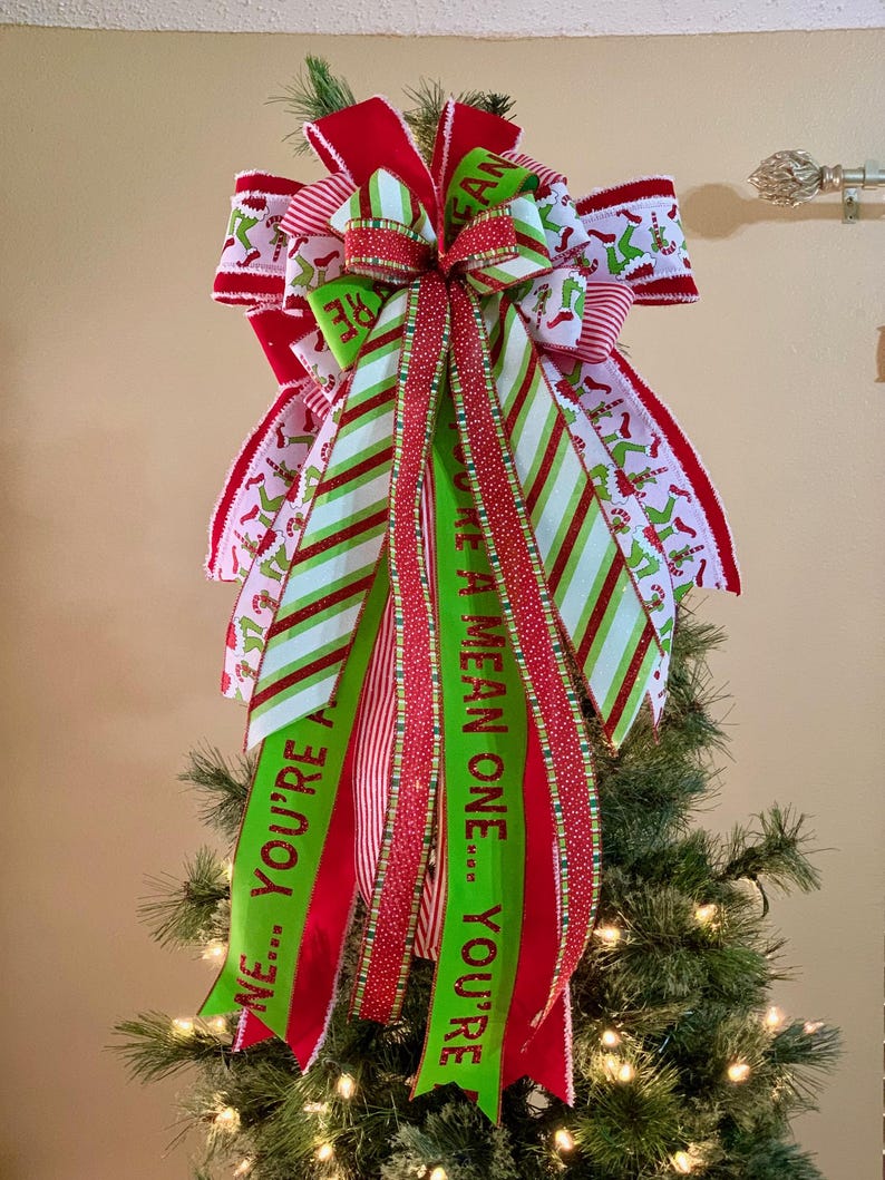 Large Grinch Inspired Tree Topper Bow, Christmas Tree Decor, Large Bow ...