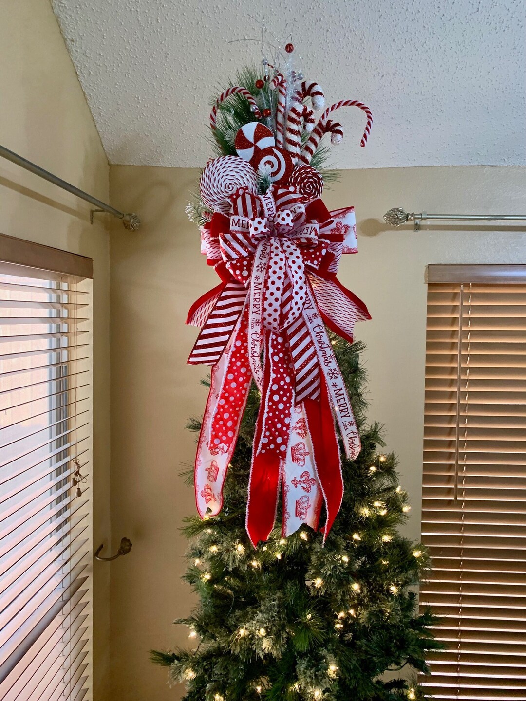 Xlarge Candy Cane Tree Topper, Large Bow, Decorated Tree Topper ...
