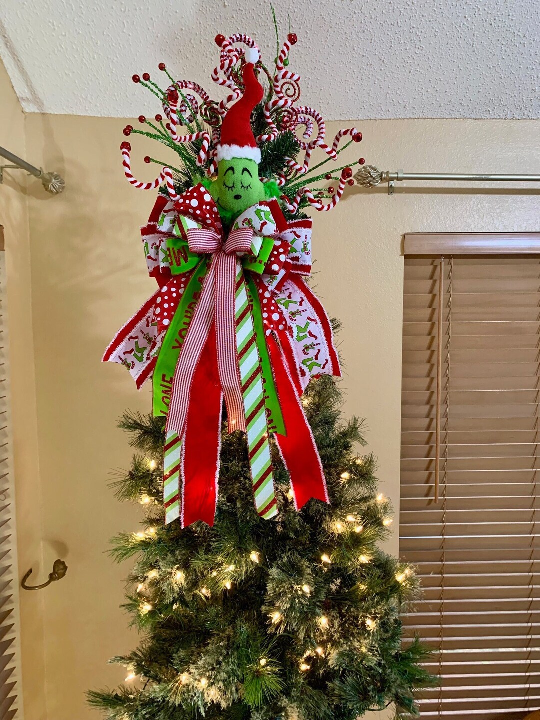 Grinch Inspired Tree Topper, Monster Head, Monster Ribbon, Christmas ...