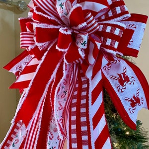 Large Tree Topper Bow, Red and White Bow, Christmas Tree Decor, Large ...