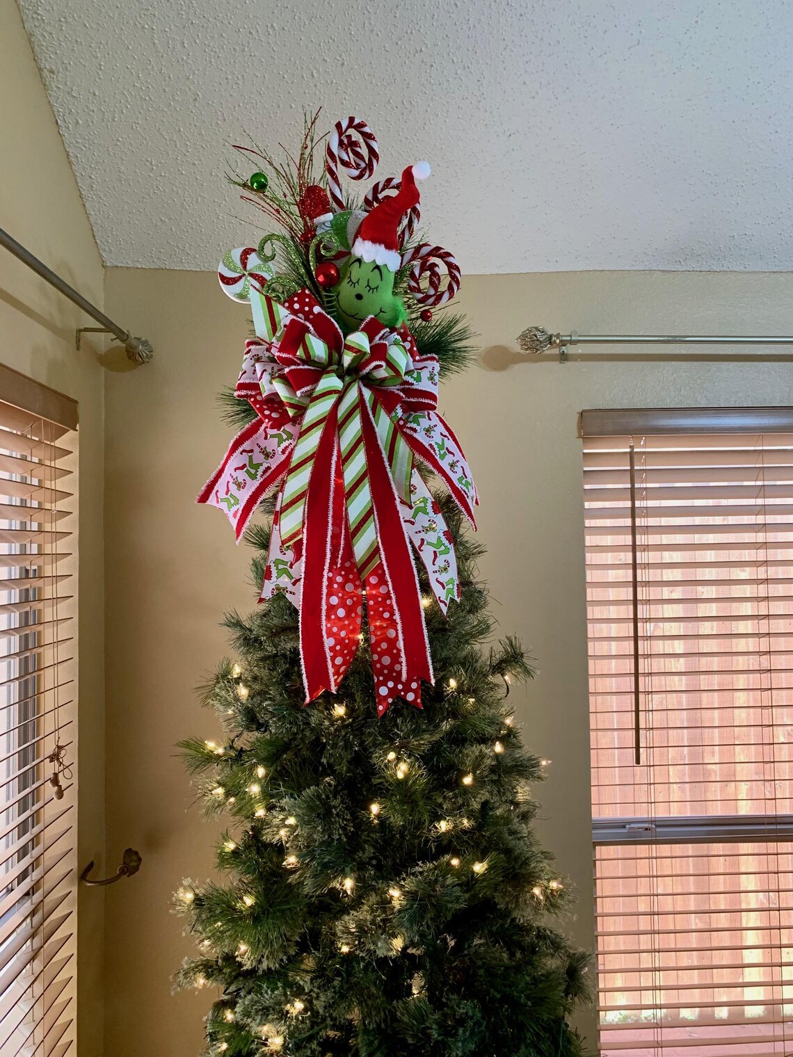 Grinch Inspired Tree Topper, Monster Head, Monster Ribbon, Christmas ...