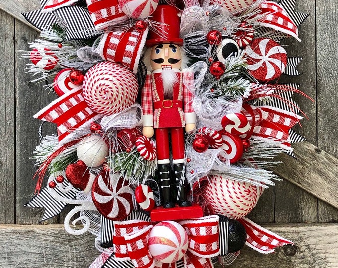 Nutcracker Swag, Peppermint Wreath, Red Black White Wreath, Flocked ...