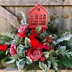 Red Cardinal Centerpiece Birdhouse Arrangement Christmas | Etsy